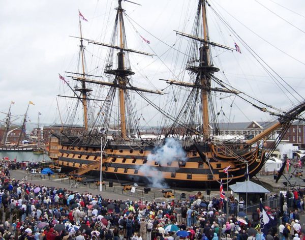 HMS Victory fires a Broadside during the Bicentenary of Trafalgar in ...